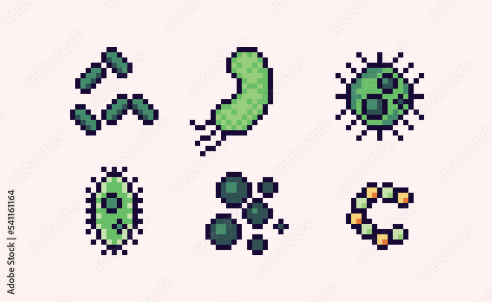 Vetor de Bacteria and virus pixel art set. Germ and microbe collection ...