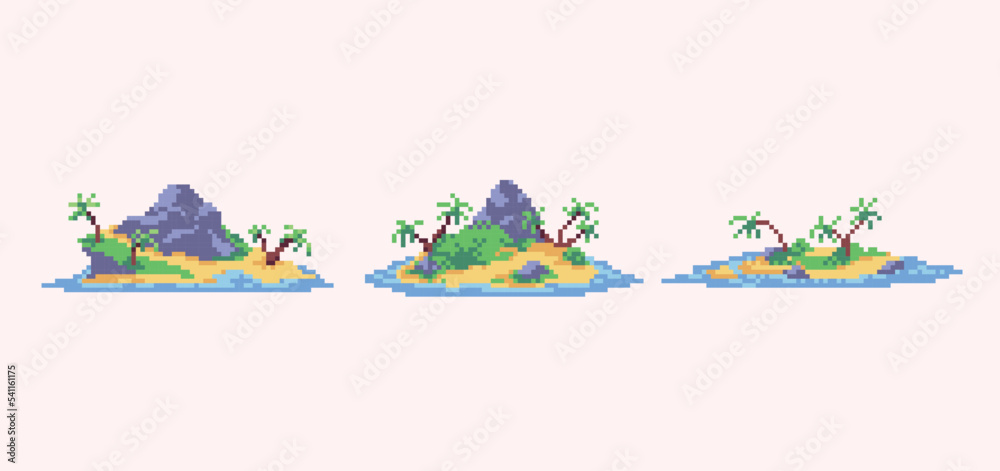 Island seascape pixel art set. Sandy beach with palm trees collection ...