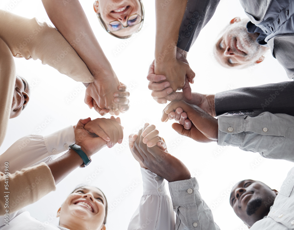 Hands, teamwork and motivation with a business team in a huddle or ...