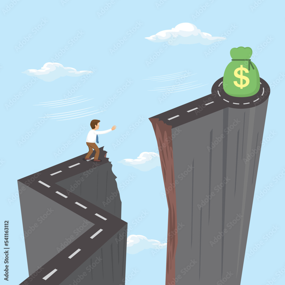 Businessman losing money stands on the edge of a broken bridge ...