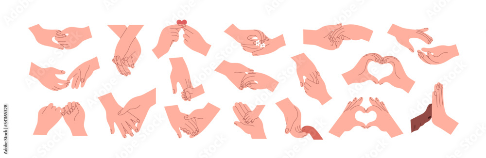 Two hands holding together set. Human fingers, couple and kid-parent ...