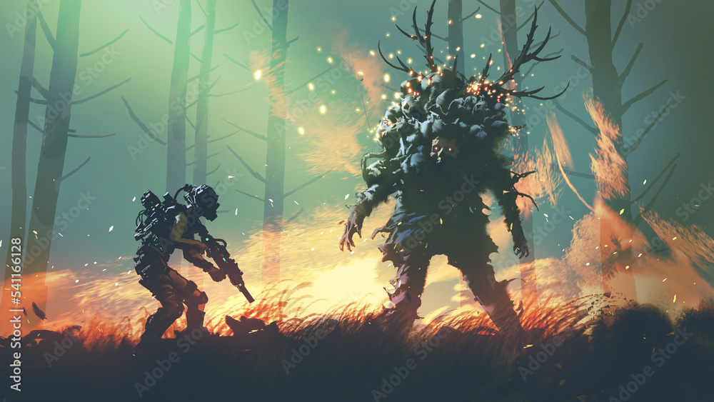 futuristic soldier hunting a deer monster in the forest, digital art ...