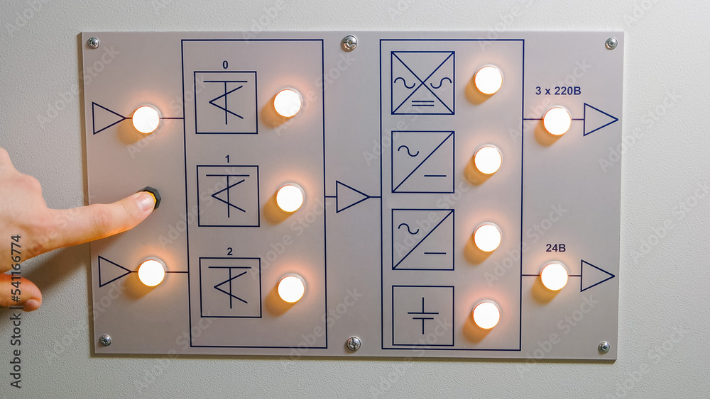 Close-up control panels in an electronics lab. Electrical switch gear ...