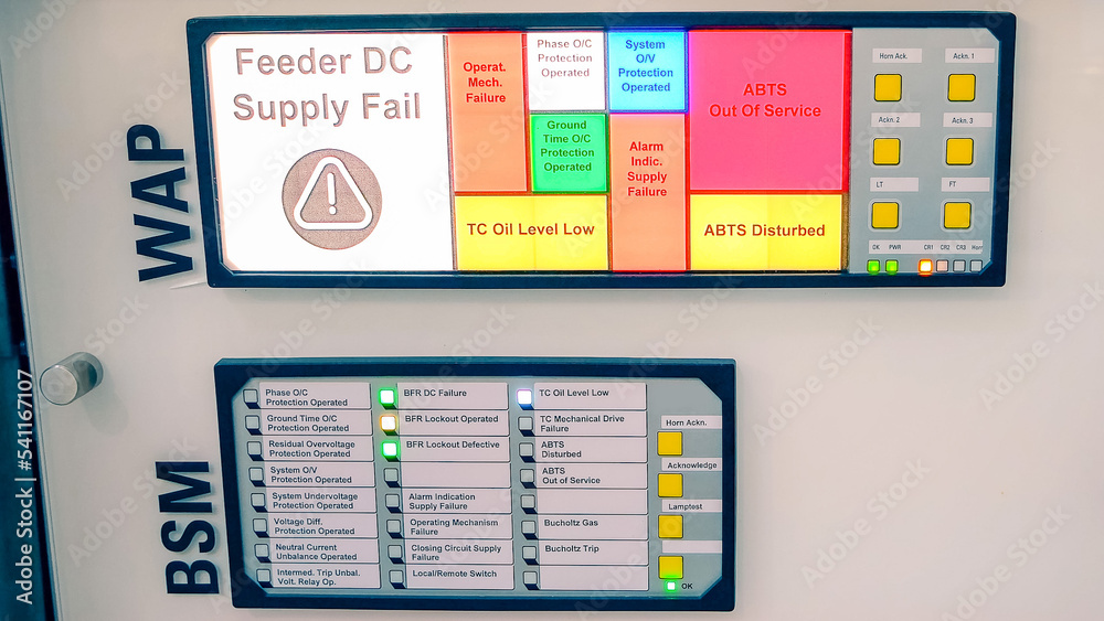Warning alert message on a digital manufacture display. Feeder dc ...