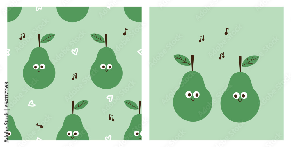 Seamless pattern with avocado cartoons, hand drawn hearts and music ...