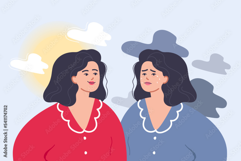 Woman with bipolar disorder flat vector illustration. Portraits of sad ...