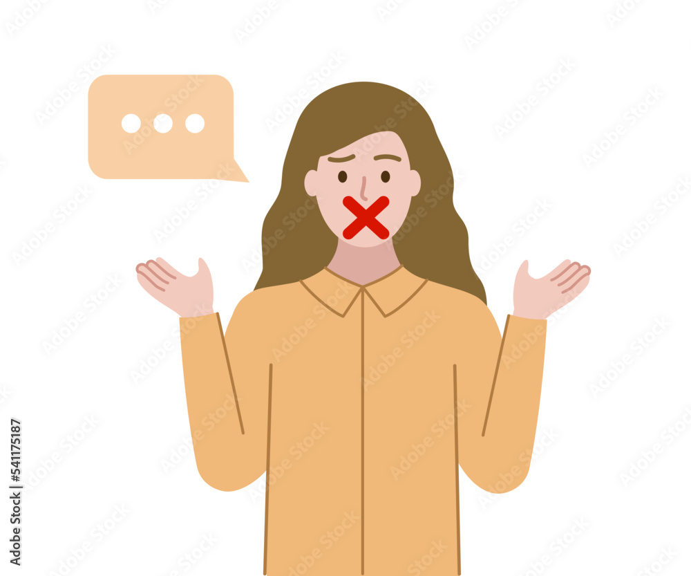 Confused Woman cannot speak and keep silence. Girl with Red Cross Mark ...