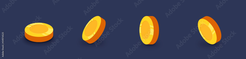 Set of empty 3d gold coins set in different positions. Set of rotating ...