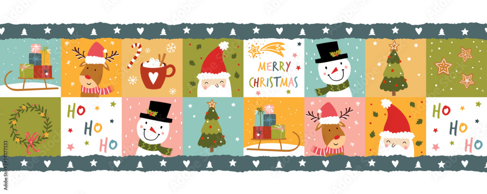 Colorful christmas seamless pattern, cute characters and decoration ...