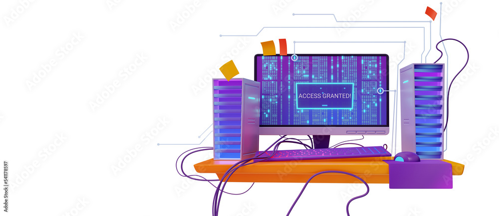 3D render software testing concept with computer pc on desk. Functional ...