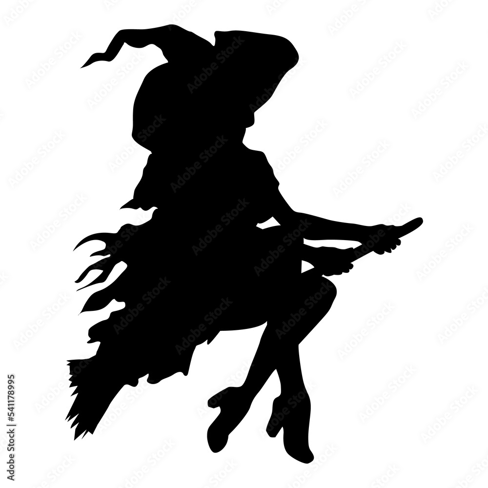 Silueta aislada de bruja volando en una escoba para su uso en Halloween ...
