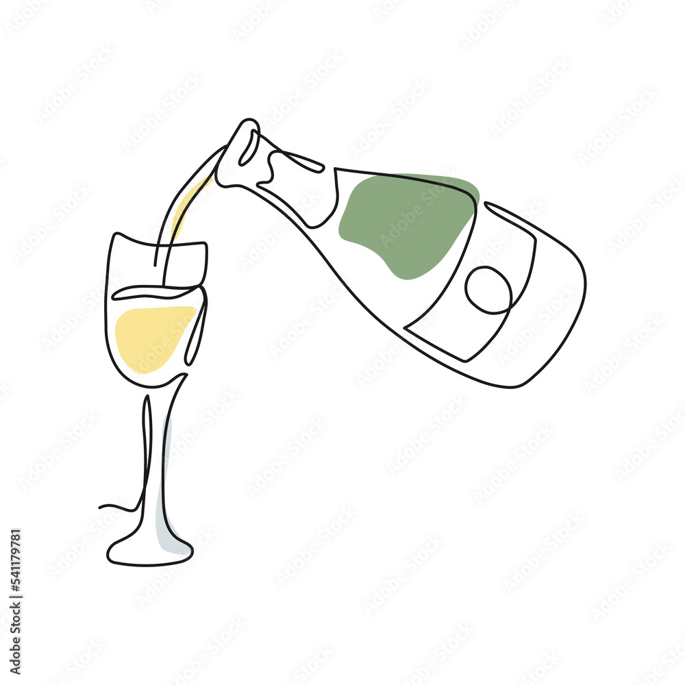 Continuous one line drawing of champagne bottle and glass with abstract ...