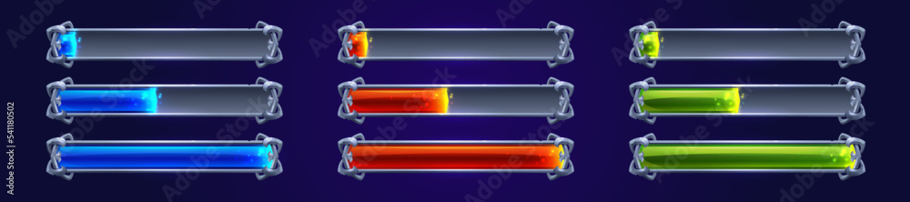 Game progress bars set in blue, red, green colors isolated on ...