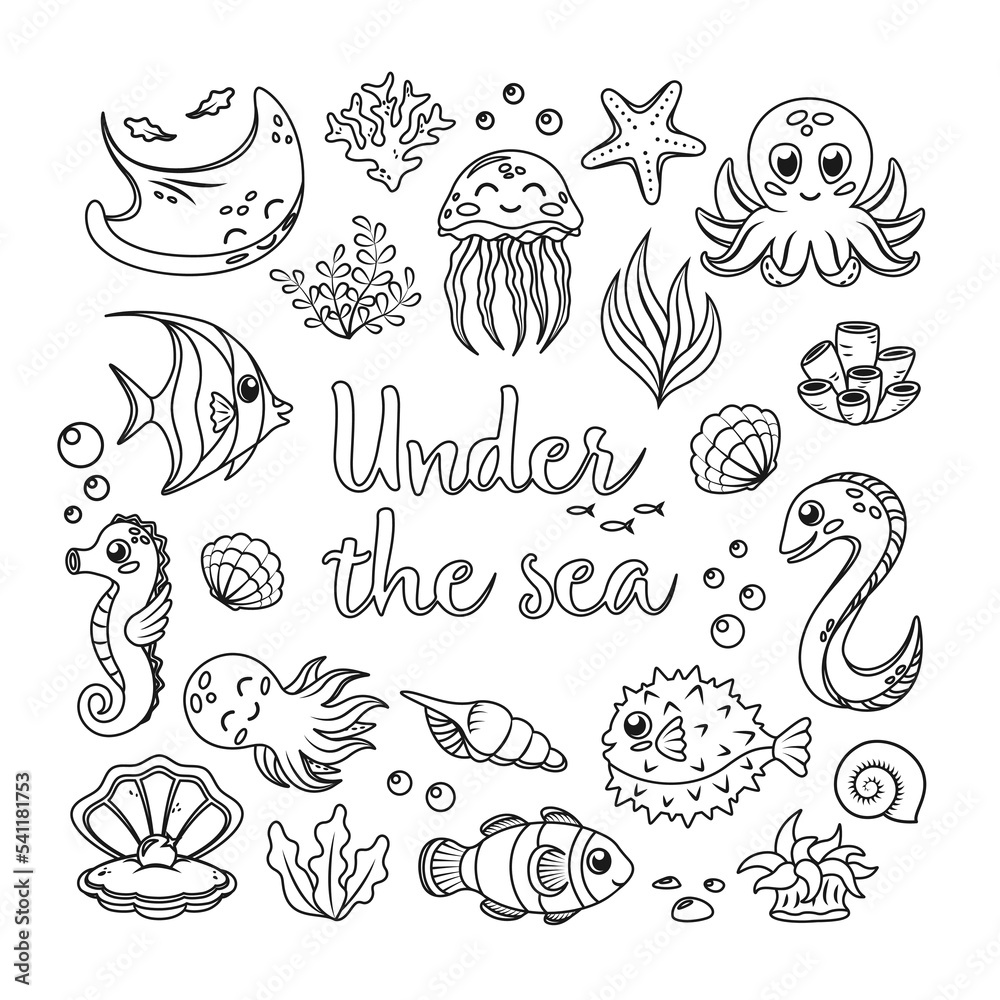Vektorová grafika „Outline cartoon elements collection of cute exotic ...