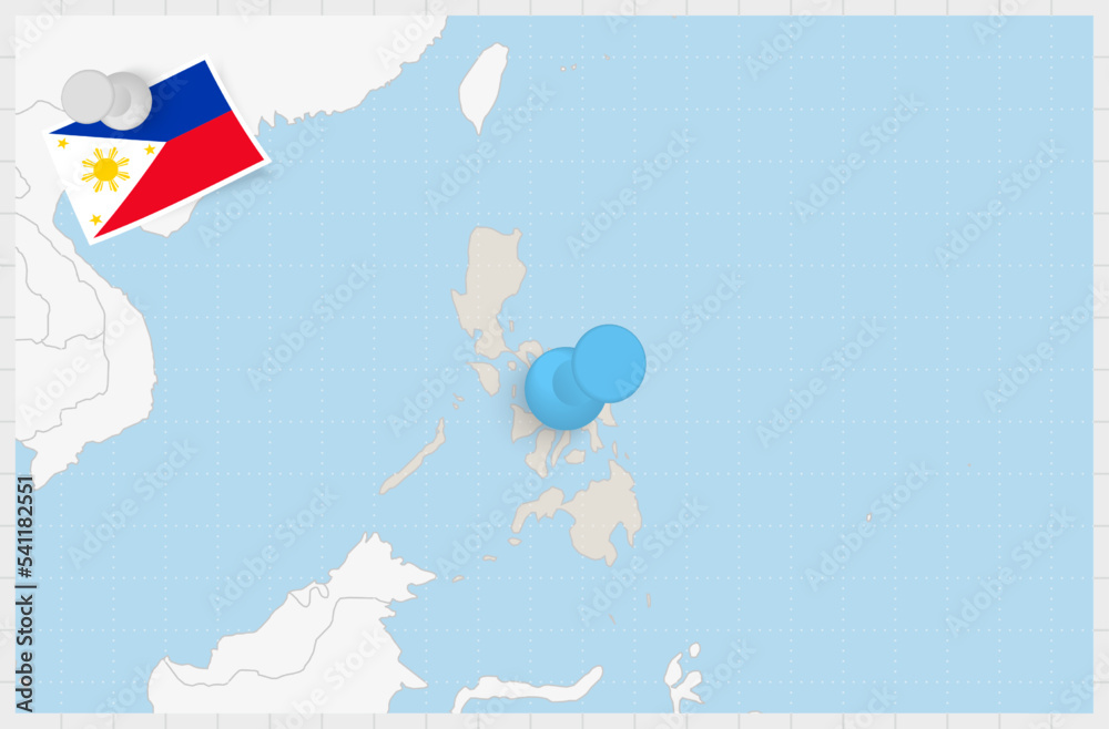 Map of Philippines with a pinned blue pin. Pinned flag of Philippines ...
