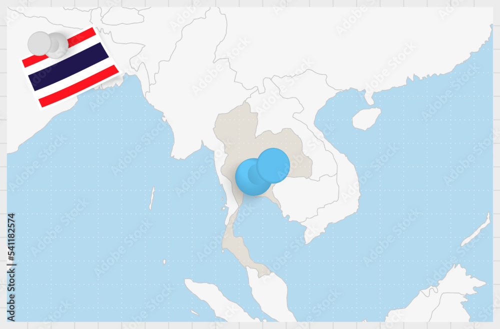 Map of Thailand with a pinned blue pin. Pinned flag of Thailand. Stock ...