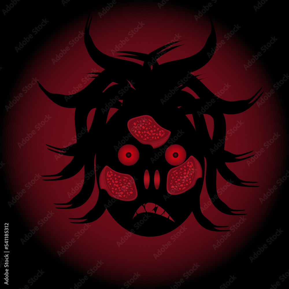 The head of a monster with red eyes, open wounds on the face, a ...