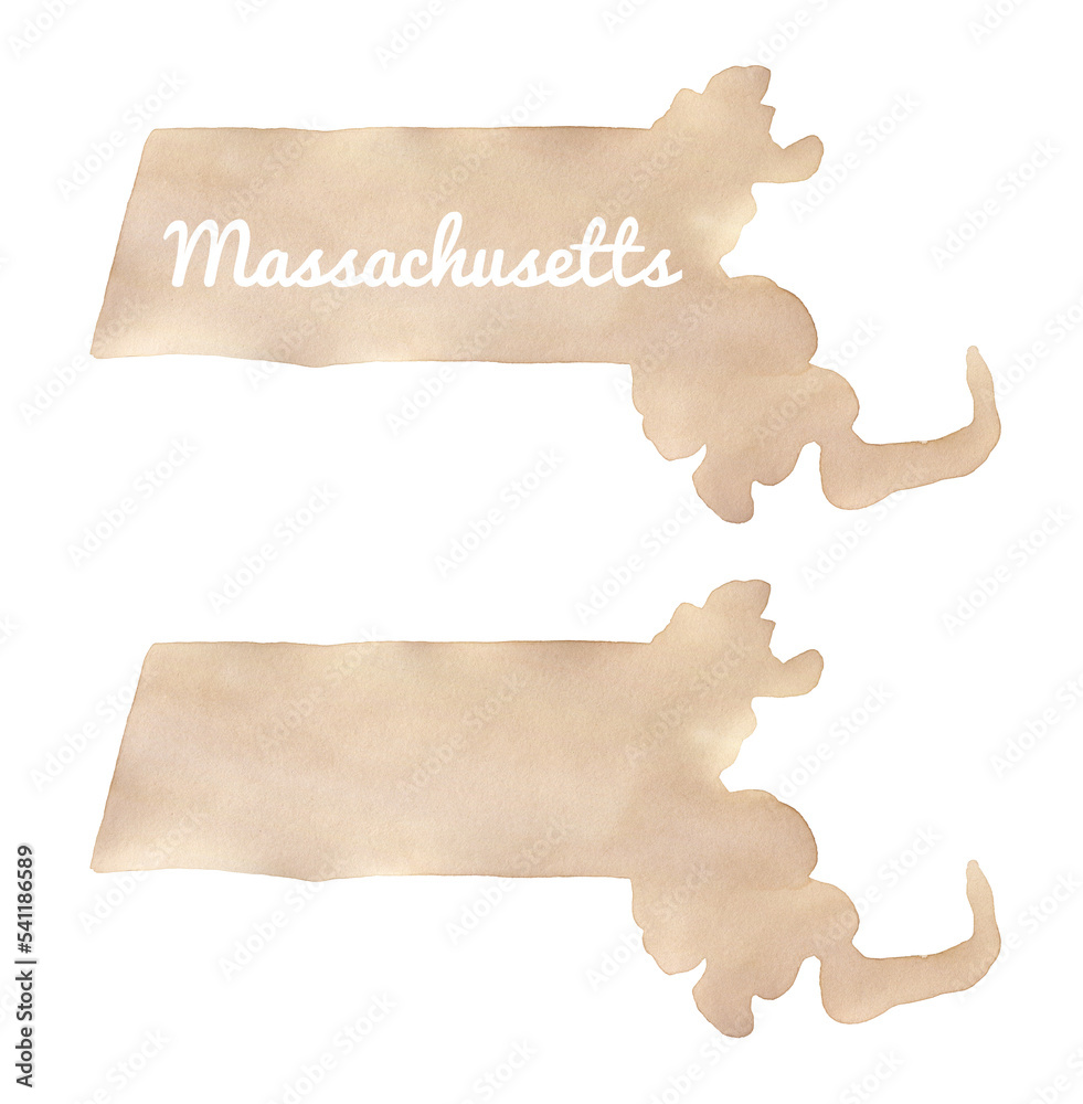 Watercolour illustration set of Massachusetts State Map in natural ...