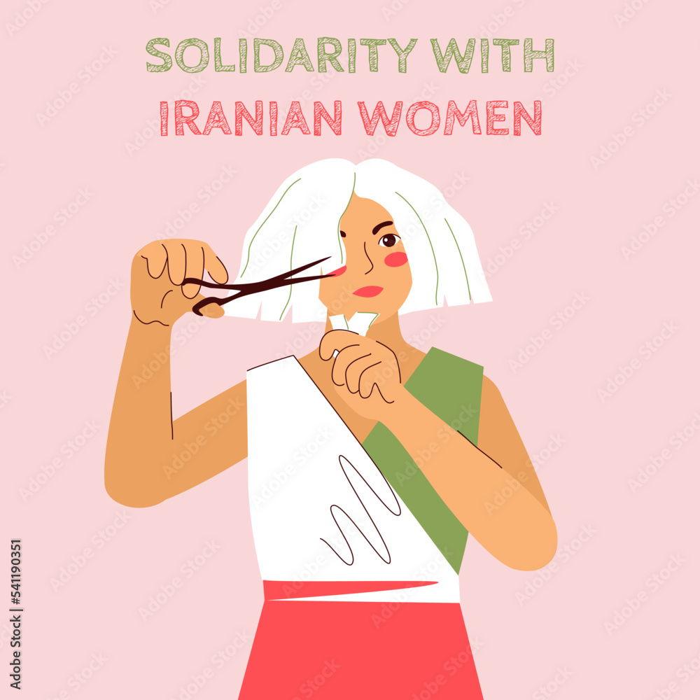 Woman dressed iranian flag colors, holds scissors and tuft of hair ...