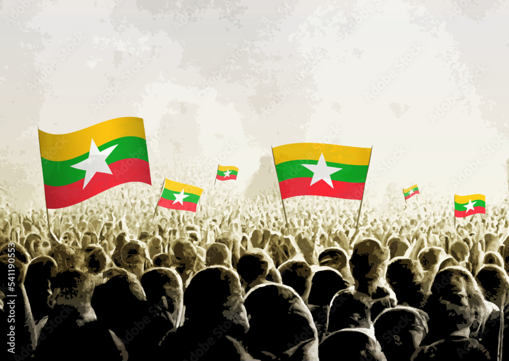 Crowd with the flags of Myanmar, people cheering national team of ...