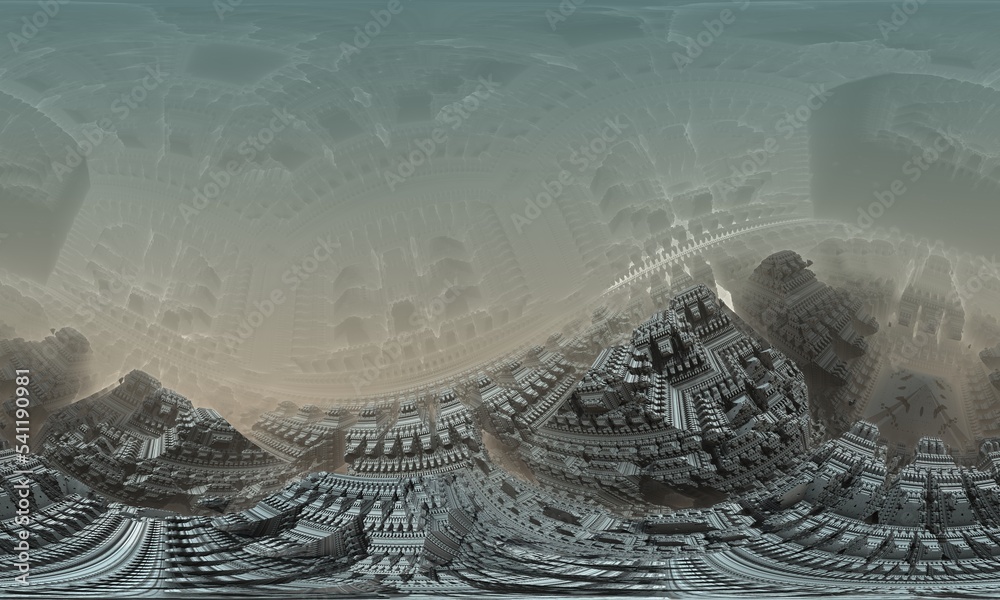 Wavy spherical panorama of fictional urban pattern, temple structure or ...