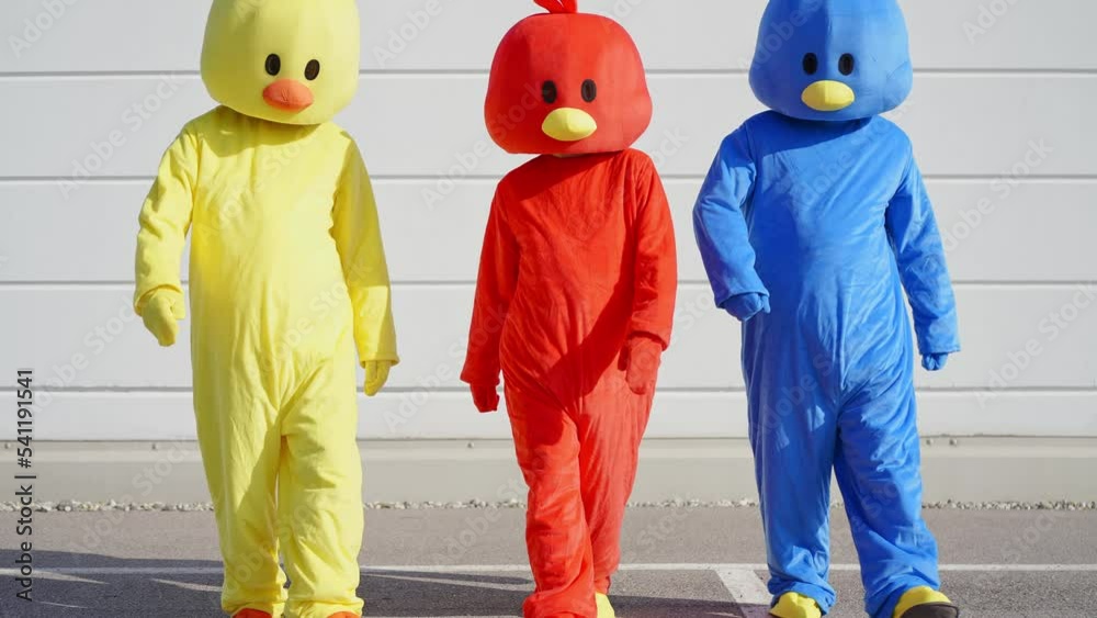 Cinematic video of friends wearing funny bird costumes having fun ...