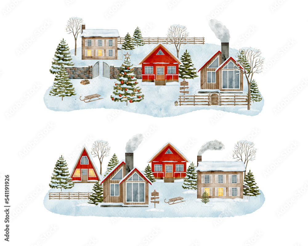 Winter countryside scene illustrations set. Hand drawn Christmas houses ...