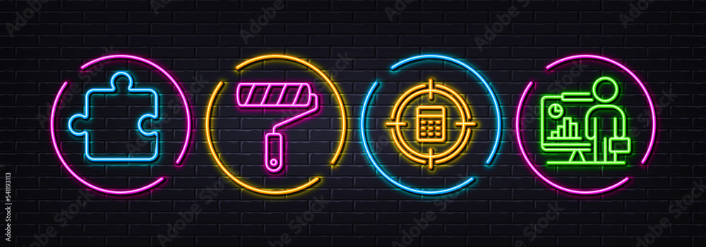 Calculator target, Paint roller and Puzzle minimal line icons. Neon laser 3d lights. Teacher ...