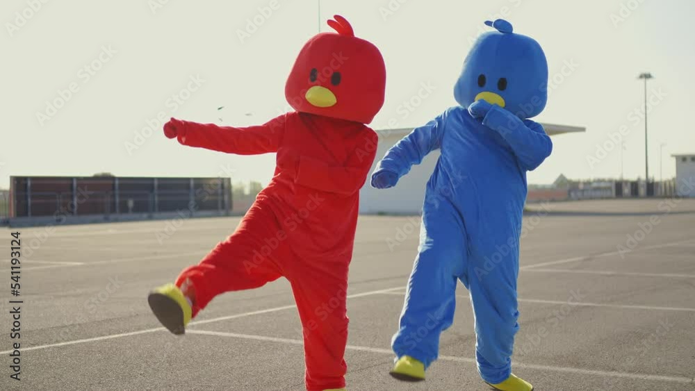 Video Stock Cinematic video of friends wearing funny bird costumes ...