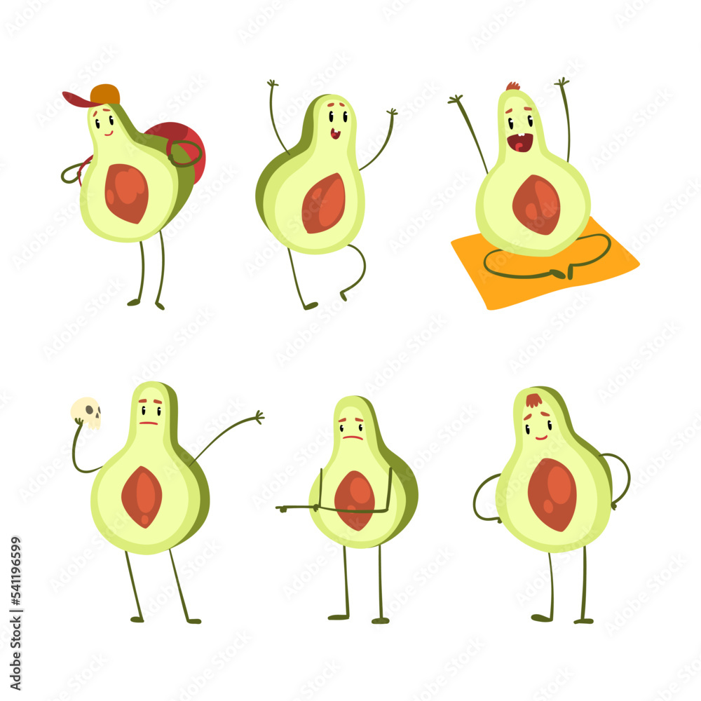 Cute Avocado Character with Different Emotion and Activity Vector Set ...