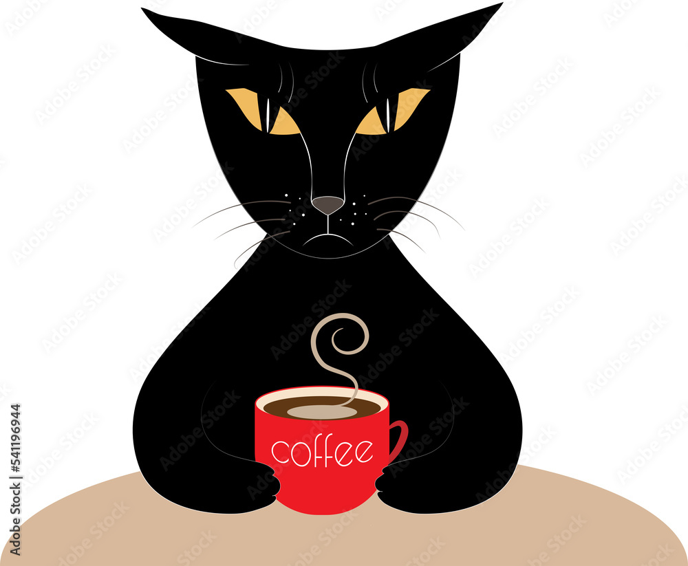A black cat drinks hot coffee from a red cup at dawn. Isolated image on ...
