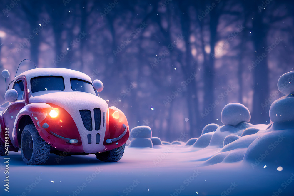 digital drawing of a snowy winter landscape and a small red car in the ...