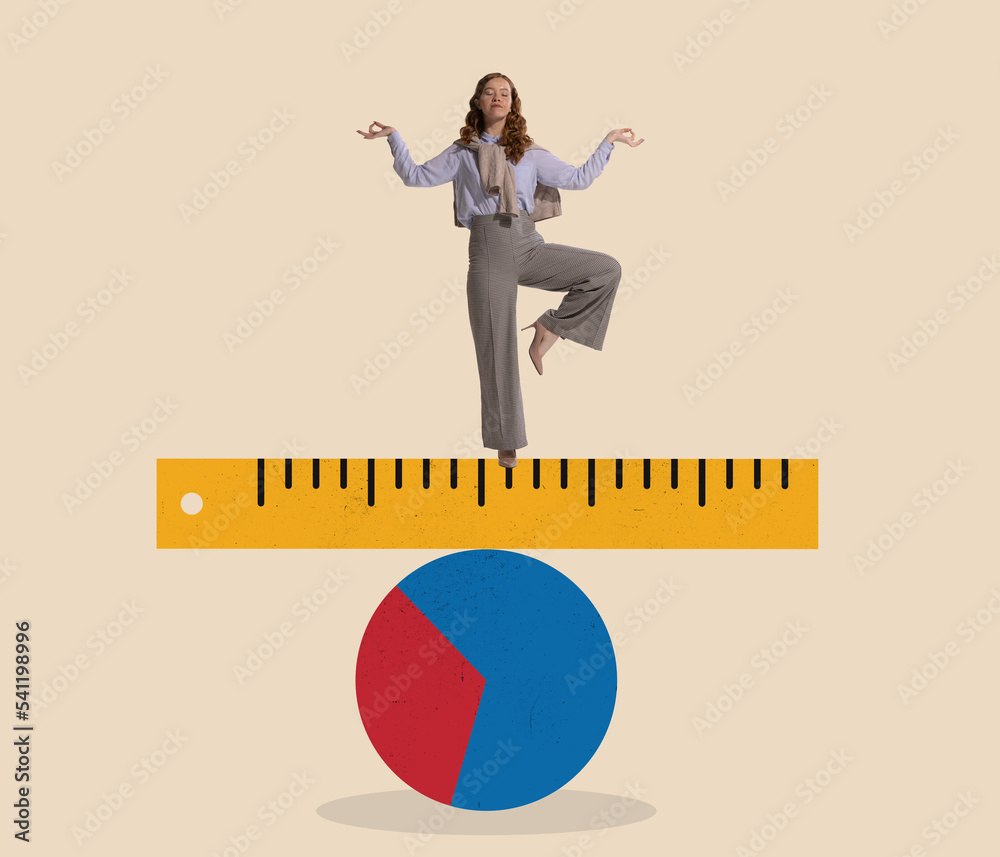 Keep balance in work tasks, goals. Young woman, employee, office worker ...