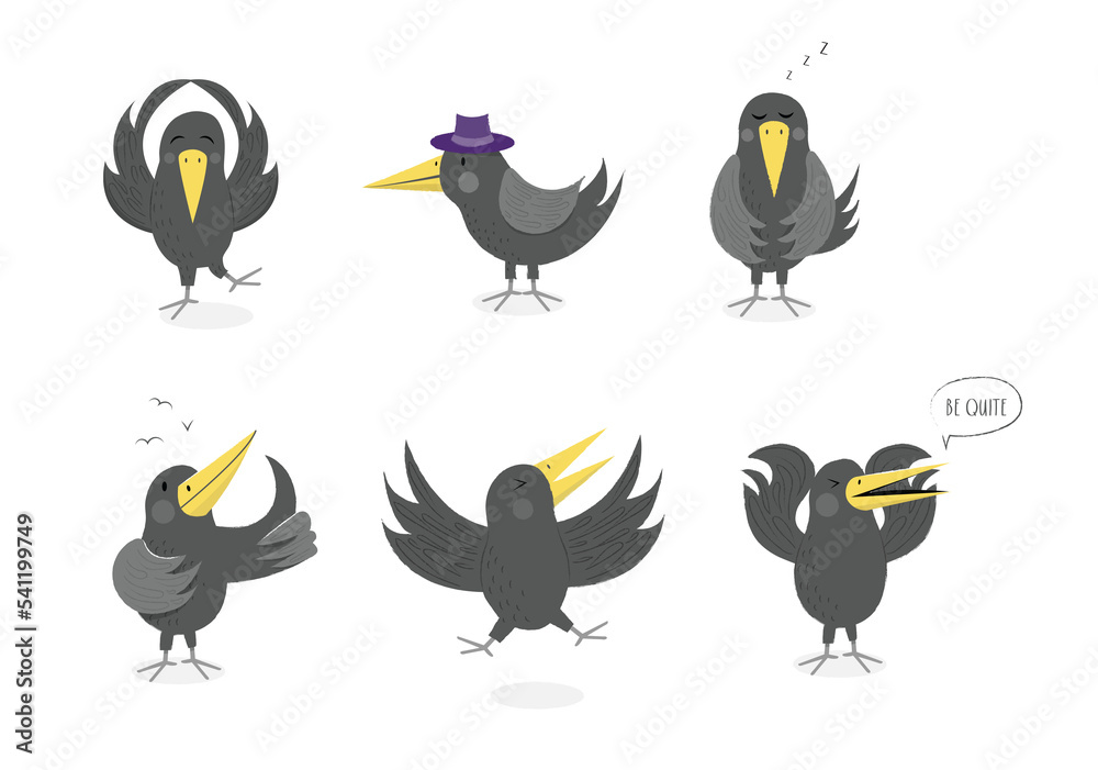 Black cartoon crow with different emotions without background Stock ...