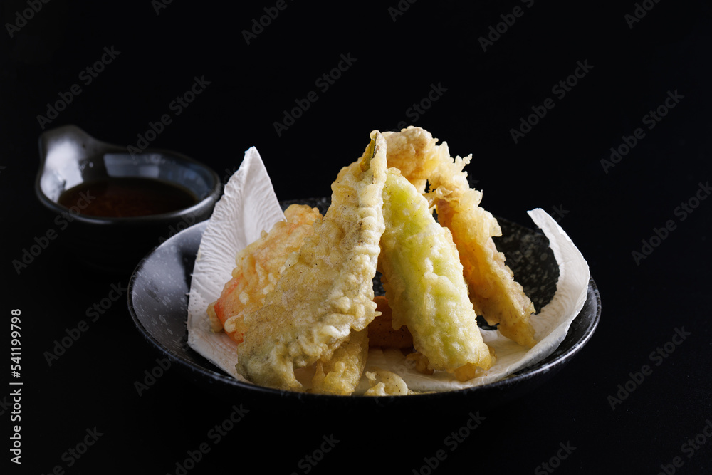 Mix tempura with shrimp fish and vegetable Japanese food isolated in ...