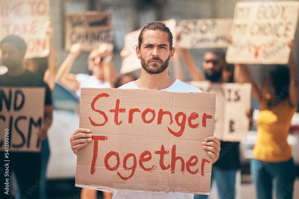Portrait, protest in street and group stand in solidarity, climate ...