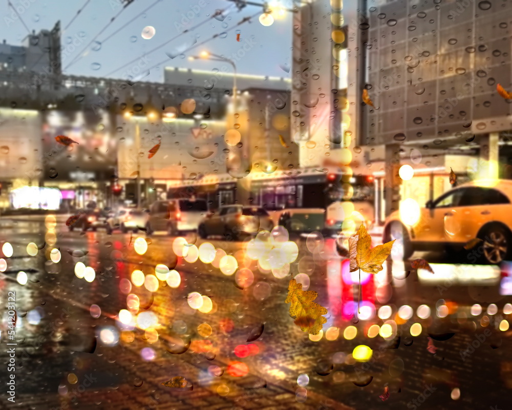 Autumn leaves fall rainy evening city car traffic light crossroad ...