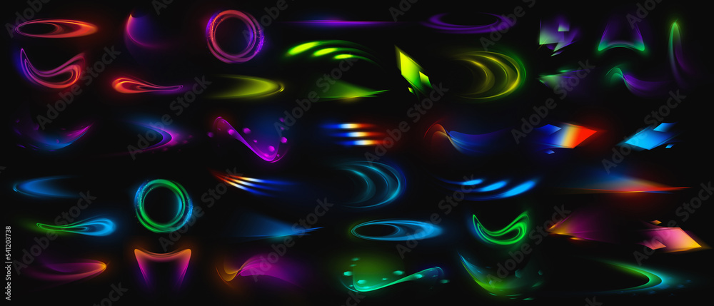 Set of colourful neon lens and light flare transparent effects over ...