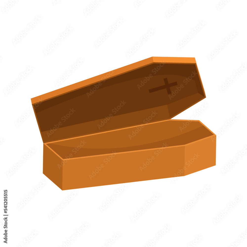 Yellow wooden coffin with open lid. Halloween burial box for burial of ...