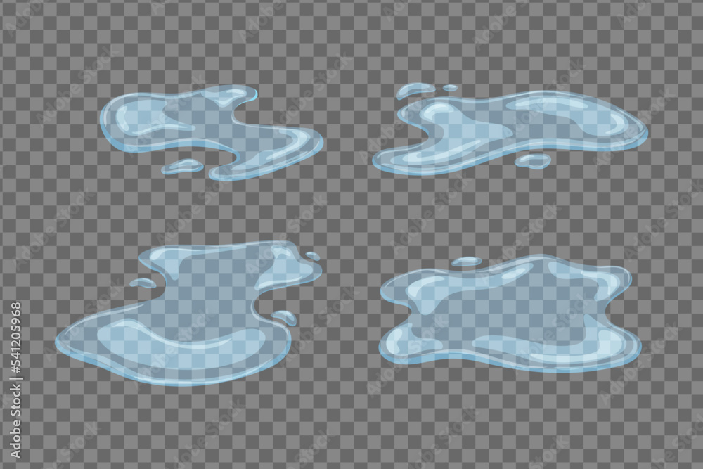 Water puddles isolated set. Blue splashes of spilled liquid with ...