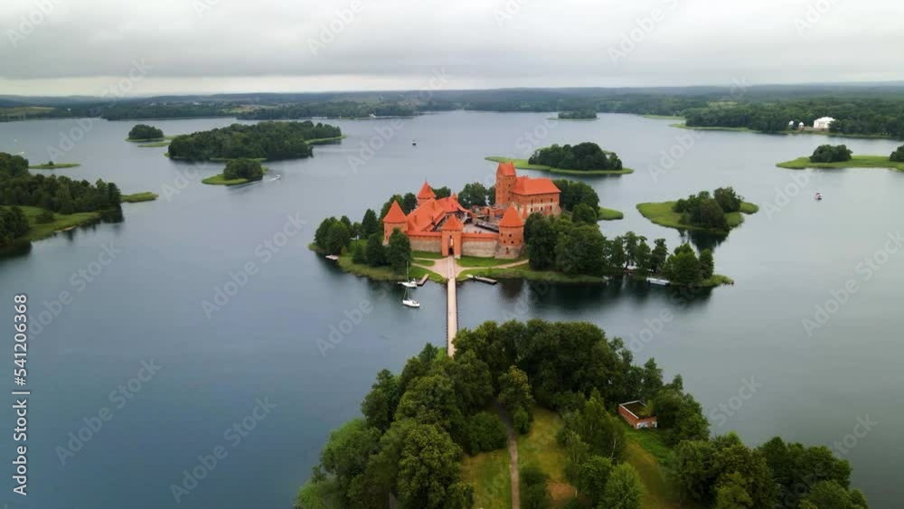 An aerial shot of the Trakai castle, medieval gothic Island castle ...