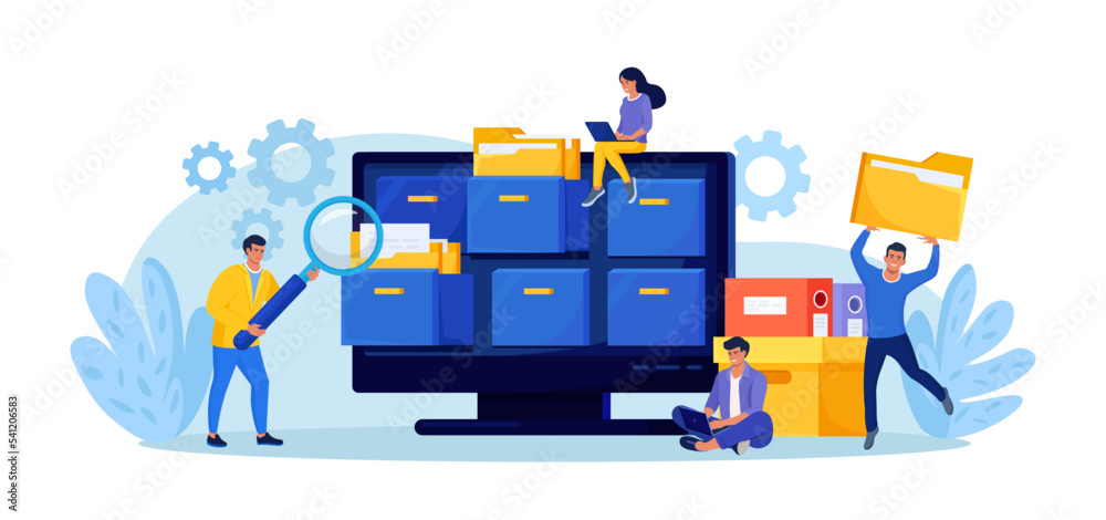 People taking documents from archive, using magnifying glass and ...