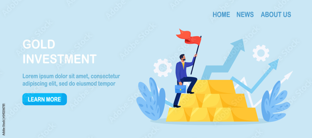 Gold investment. Successful investor or trader climbs up on stack of ...