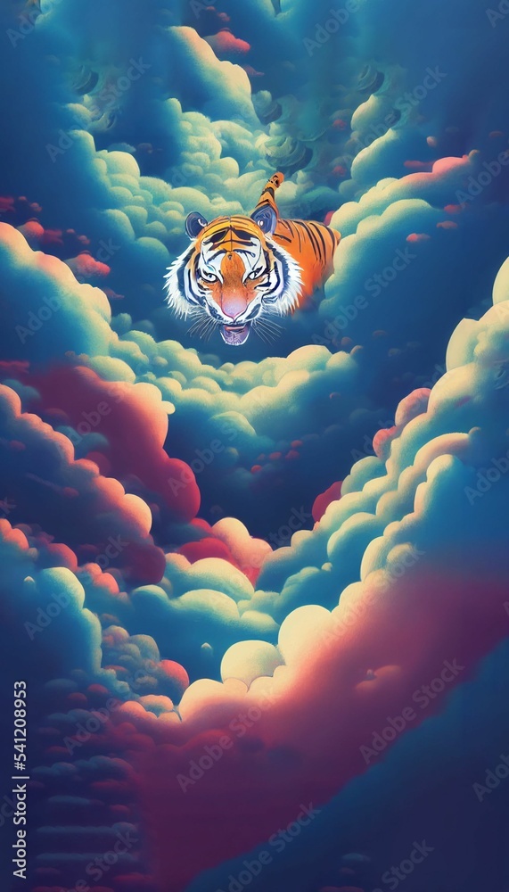 Vertical digital art of a yokai spirit tiger character of water and ...