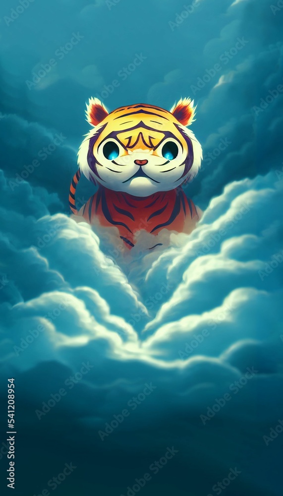 Vertical digital art of a cute yokai spirit tiger character of water ...