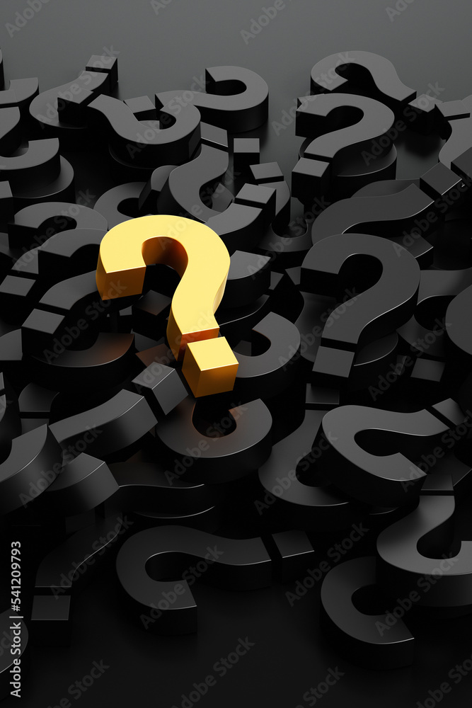Large pile of black question mark symbols, one golden on top - 3D ...
