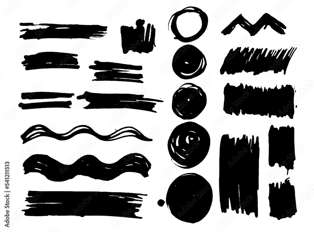 Set de trazos realizados con pincel, trazos reales fluidos hechos a ...