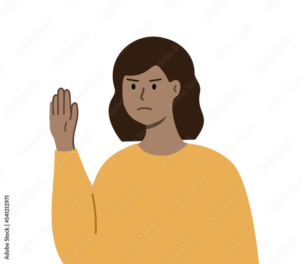 Young woman raising hand Gesture. Girl showing sign of rejection ...