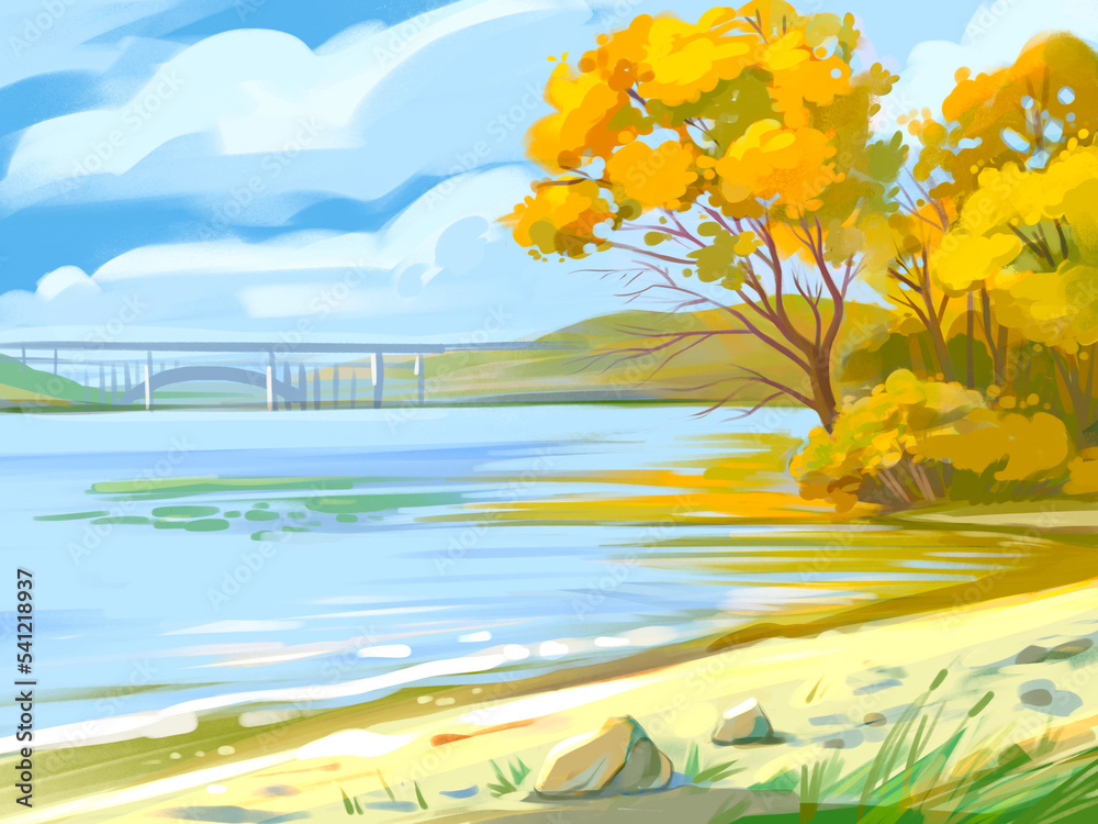 River bank with a bridge and a tree in the background. Hand-drawn ...