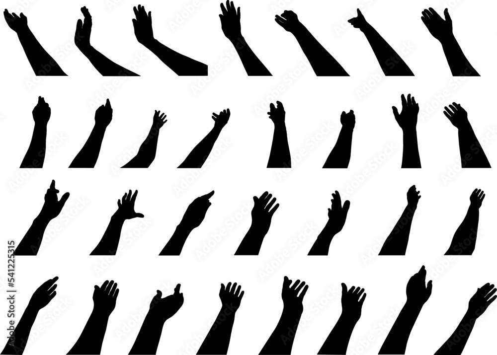 silhouettes of hands in various poses, black and white vector, 30 ...